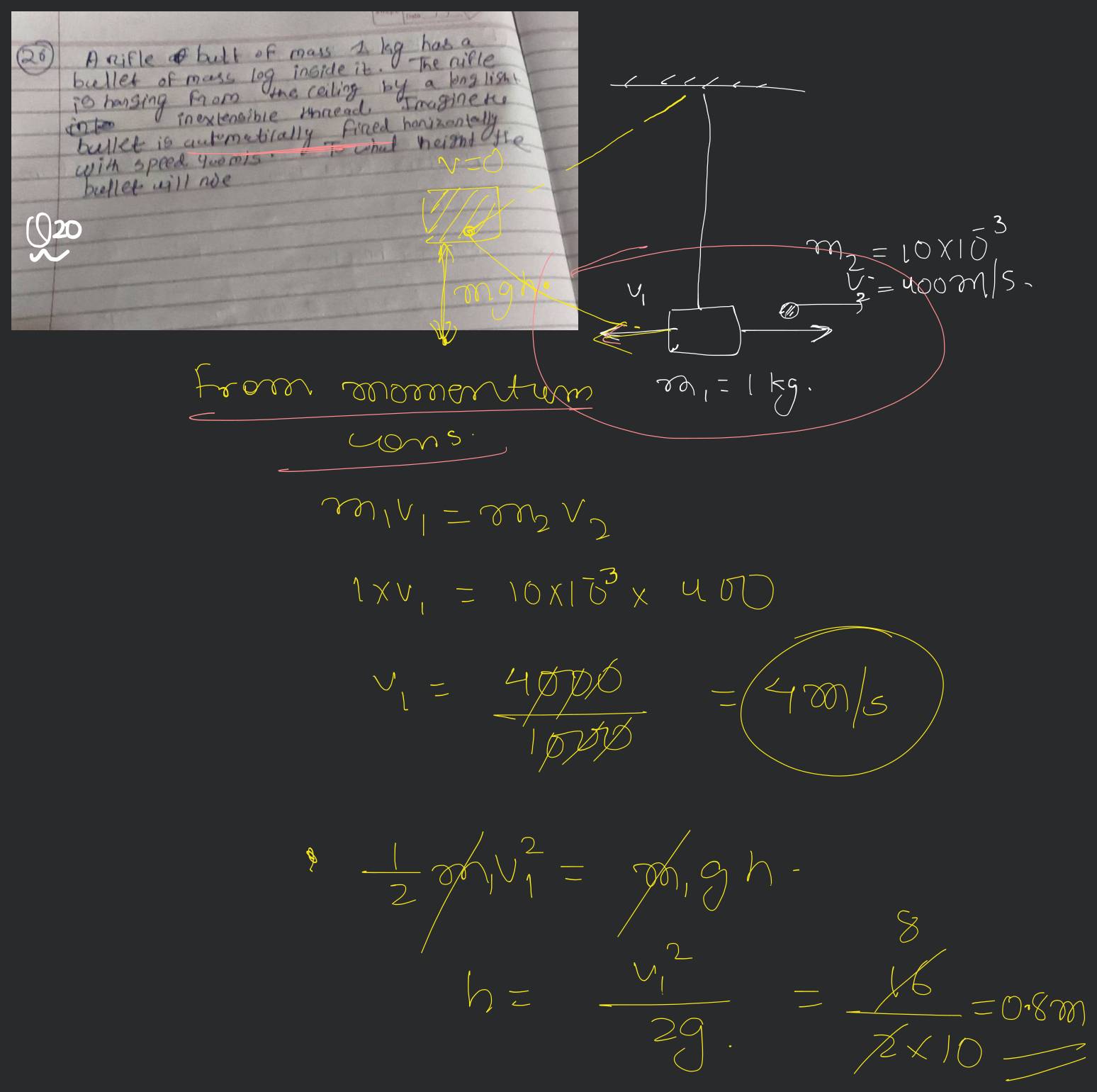 af A Rifle butt of mass 1 kg has a bullet of mass log inside it. The rifl..