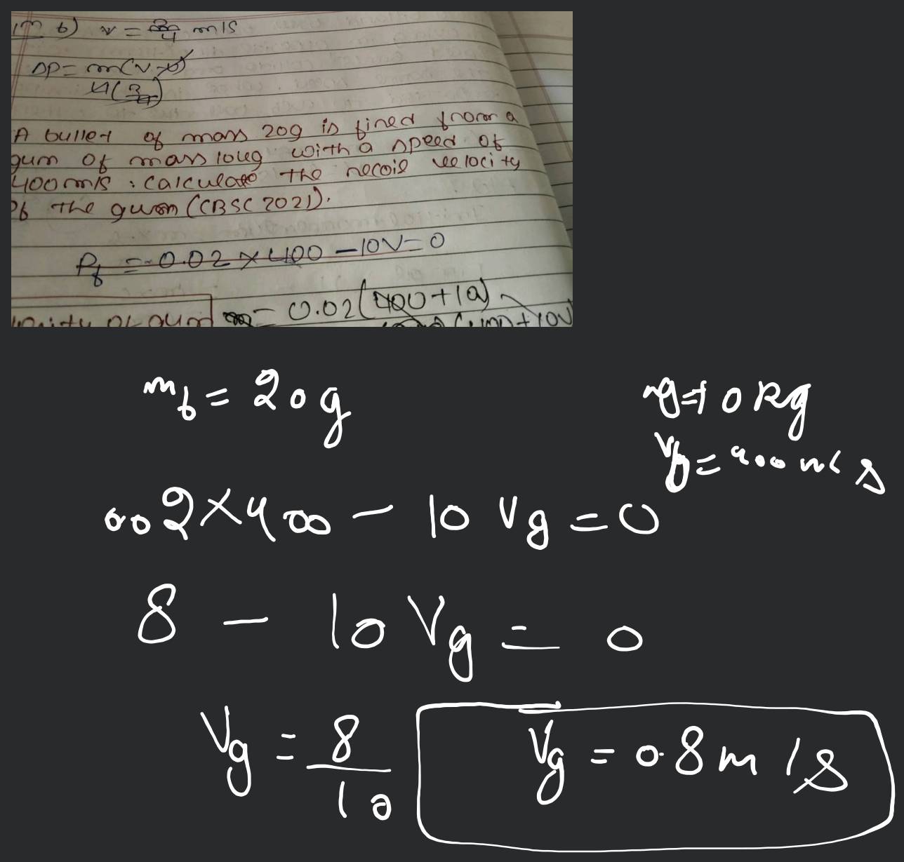 b V = mis DP = mcv-of 14(3) A bullet 8 of mass 209 is fined from with a s..