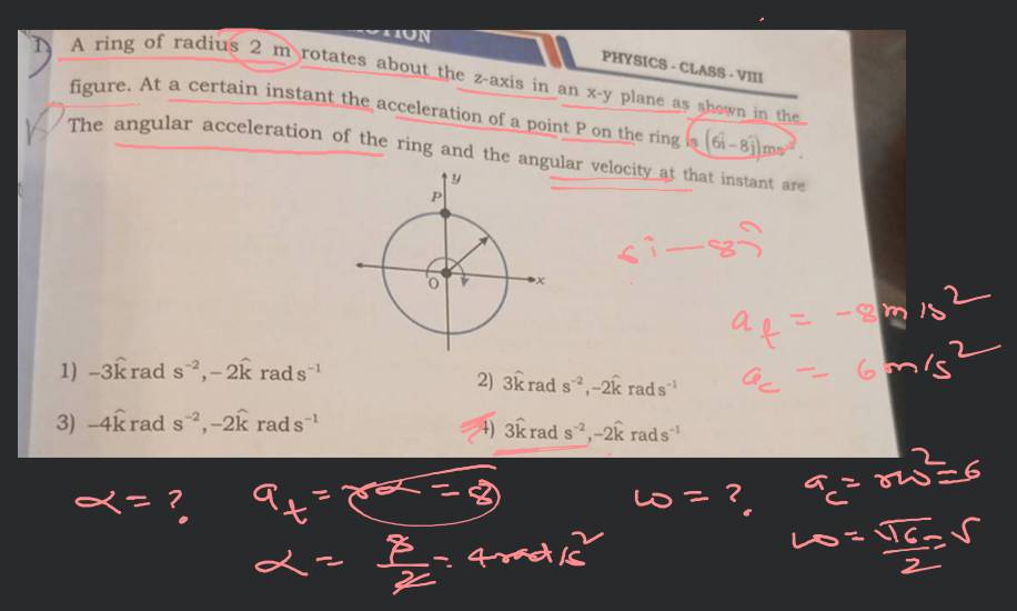 m/s² PHYSICS-CLASS-VIII rad A ring of radius 2 m rotates about the z-axis..