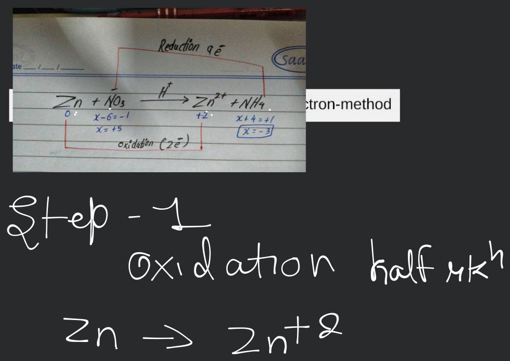 ate//. Zn + NOS Zn x-6=-1 X= +5 Reduction ae 24 Zn + NH4 Oxidation (zē)