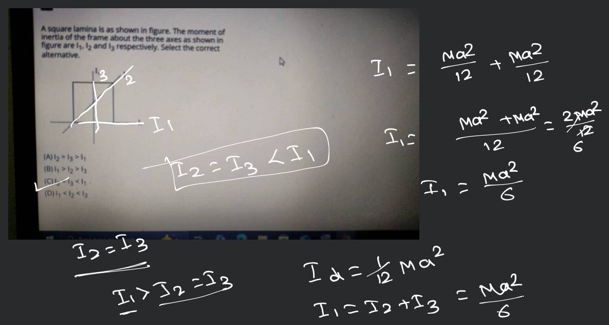 A square lamina is as shown in figure. The moment of inertia of the frame..