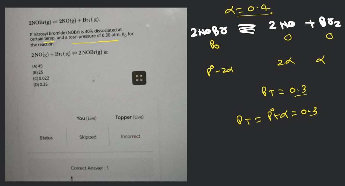 2NOBr(g) 2NO(g) + Br2 (g). If nitrosyl bromide (NOBr) is 40% dissociated