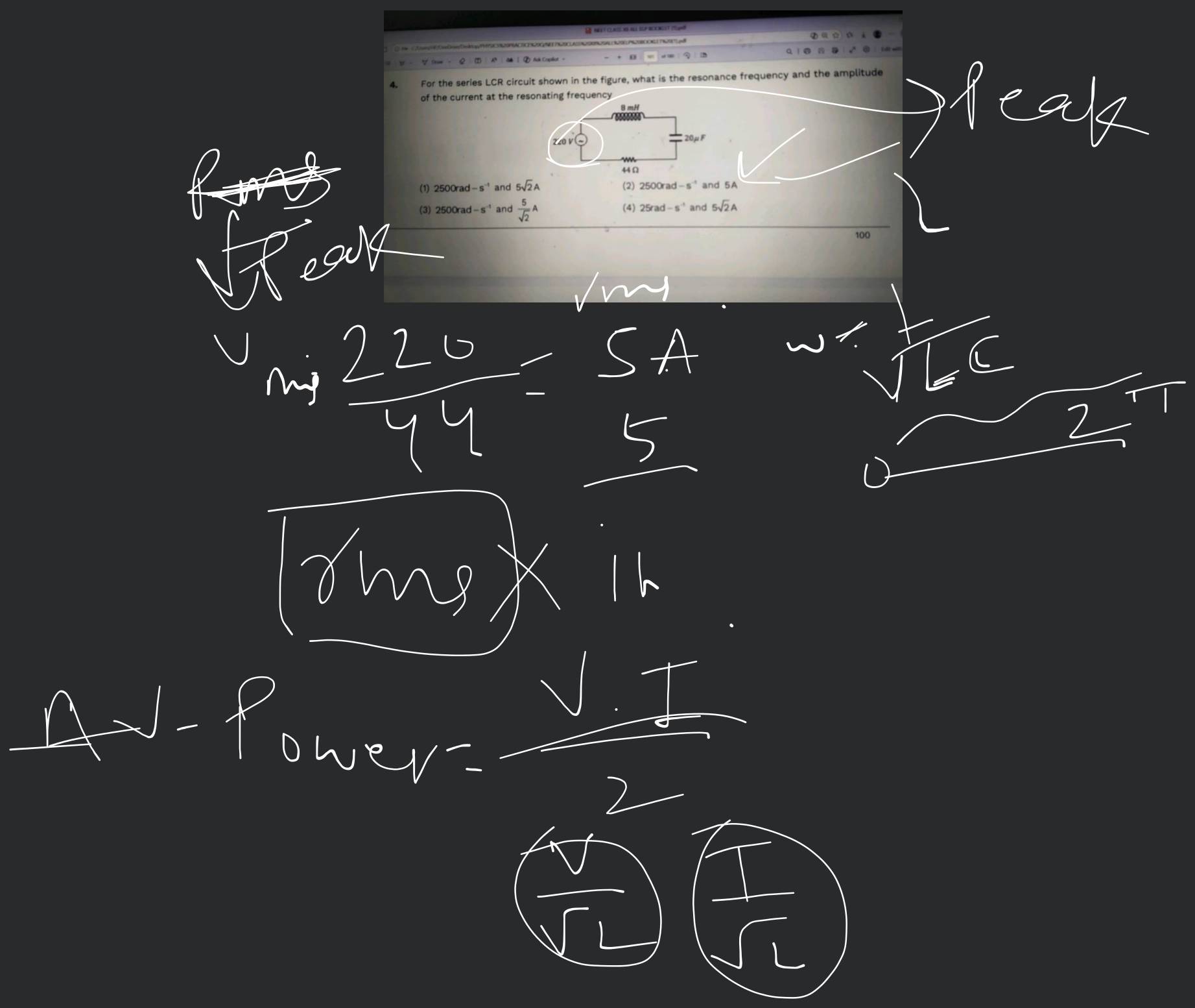 V Draw Ack Coplot NEET CLASS ALL ELF BOOKLET Mast For the series LCR ci..