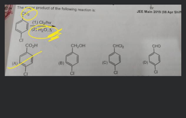 The major product of the following reaction is: CH3 CI (1) Cl₂/hv (2) H₂O..