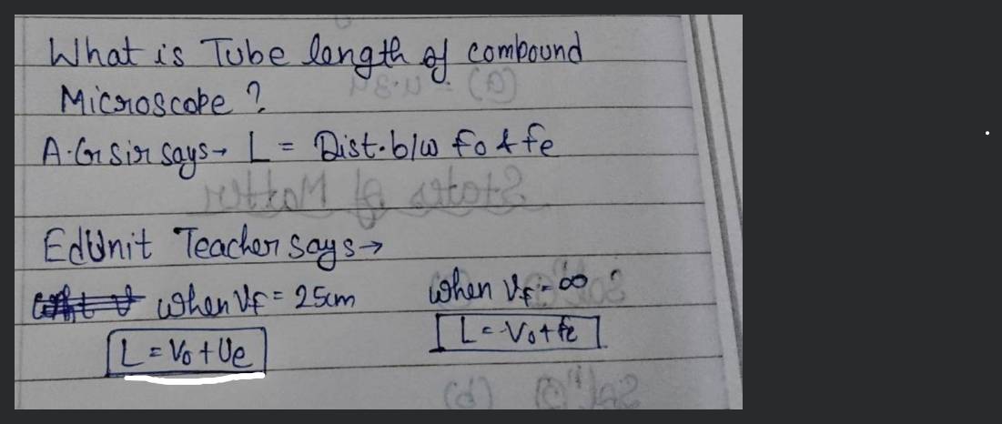 What is Tube length of compound. Microscope? A.Gsir says - L = Dist- b/w