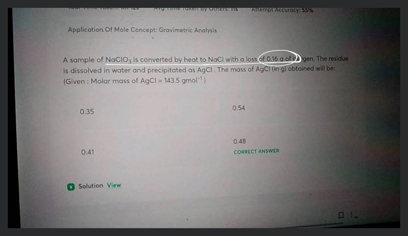Application. Of Mole Concept: Gravimetric Analysis Attempt Accuracy: 55%