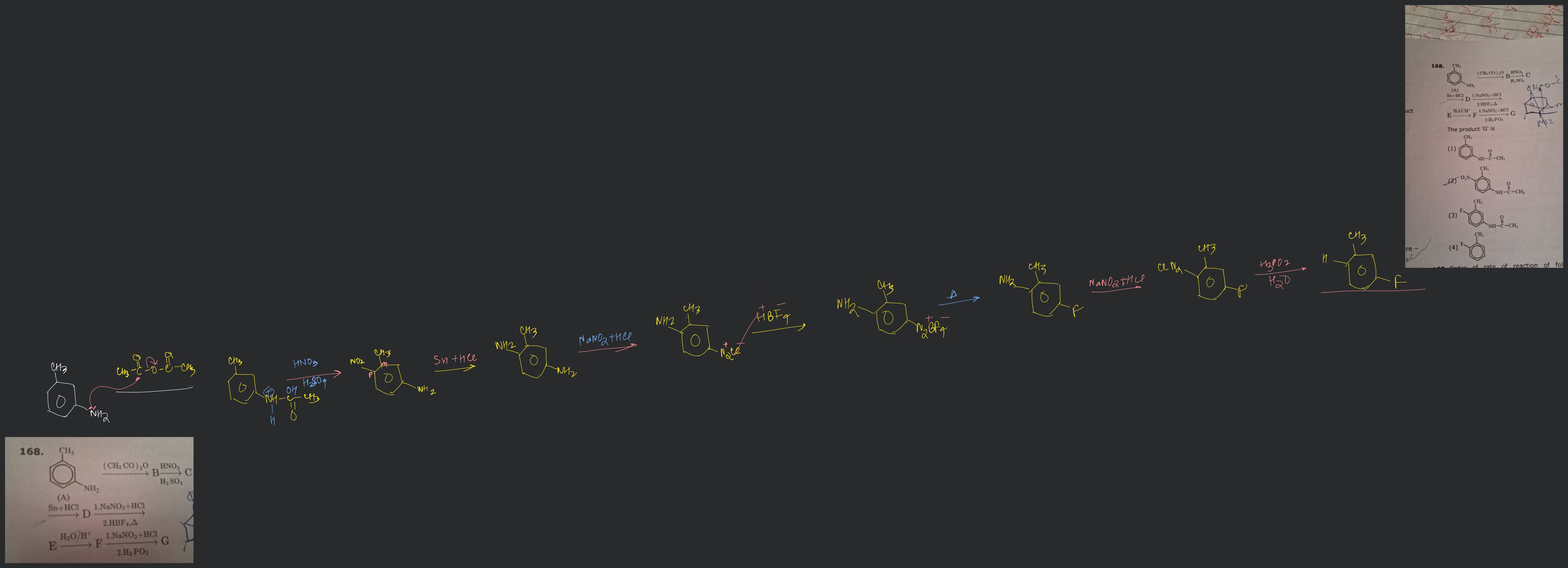CH3 (CH3 CO) 20 HNO3 B C H2SO4 NH₂ (A) Sn+HCI 1.NaNO2+HCI D 2.HBF4, A H₂O..