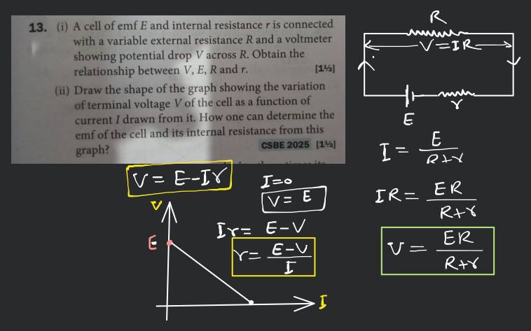 (i) A cell of emf E and internal resistance r is connected with a variabl..