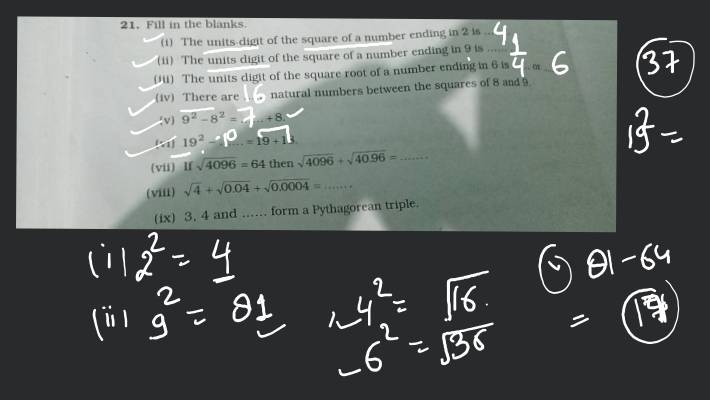 Fill in the blanks. (i) The units digit of the square of a number ending