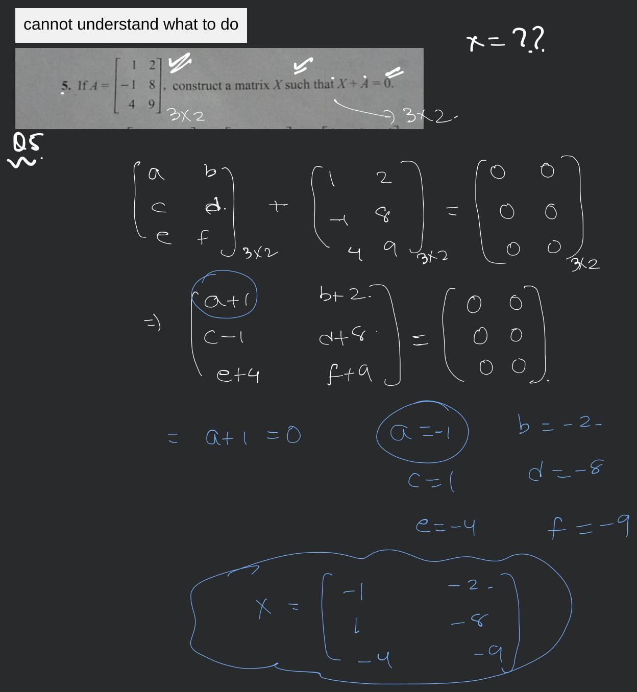 If A = 2 8 construct a matrix X such that X+ A = 0. | Filo